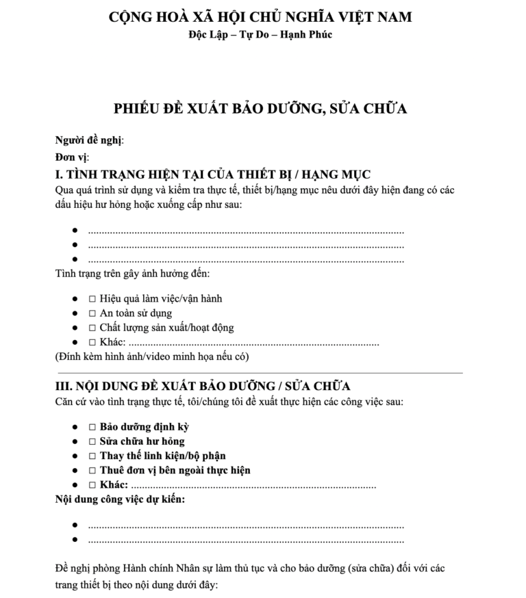 Mẫu Đề Xuất Sửa Chữa Chuẩn 2026 [Tải Word Miễn Phí]